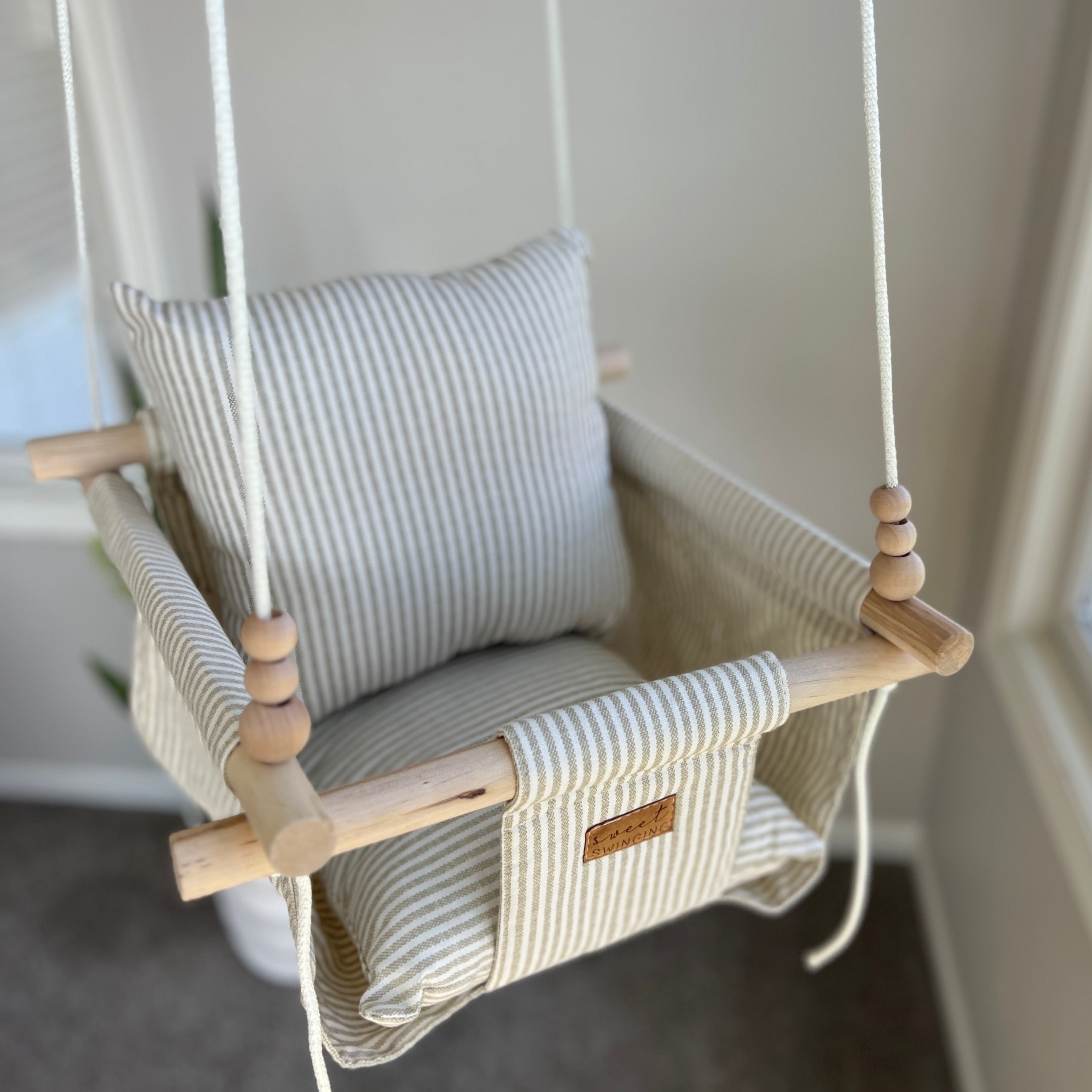 Low Back Fabric Baby Swings - Greige and Vanilla Stripe – Sweet Swinging